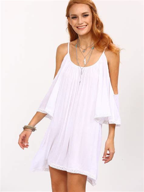 Lace Trimmed Cold Shoulder Loose Fit Dress White Sheinsheinside