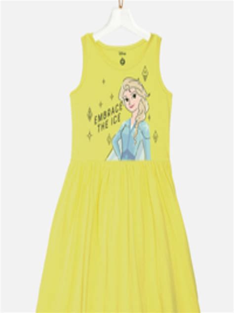 Buy Yk Disney Girls Yellow Elsa Frozen Princess Print Cotton Fit And Flare Sleeveless Dress