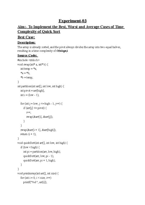 Daa Exp 3 Exp3 For Aktu By Jss Experiment Aim To Implement The Best Worst And Average