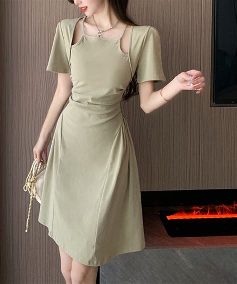 포앤바이앤 페이크 볼레로 원피스 스트랩 컷오프 반팔 반소매 주름 셔링 A라인 무지 솔리드 단색 허리잘록 미니원피스 투피스같은원피스 유니크 입기편한 사무실 오피스 출근룩