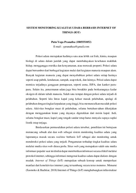 Pdf Sistem Monitoring Kualitas Udara Berbasis Internet Of Things Iot