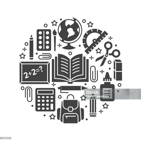 학교 용품 문양 아이콘을 설정 하는 동그라미 템플릿입니다 연구 도구 포스터글로브 계산기 책 연필 가 위 통치자 노트북 벡터
