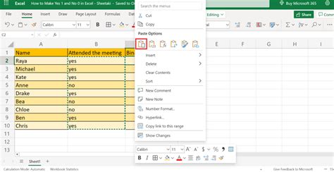 how to make yes 1 and no 0 in excel sheetaki
