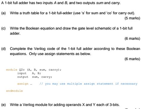 Solved Please Answer All Parts Asap A 1 Bit Full Adder Has Two Inputs
