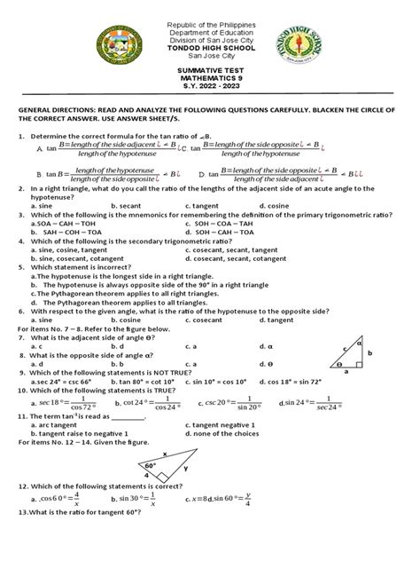 4th Quarter Examination 22 23 Math 9 Pdf Trigonometric Functions Triangle