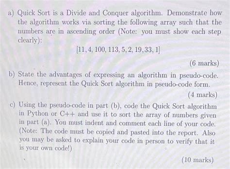 Solved A Quick Sort Is A Divide And Conquer Algorithm Chegg