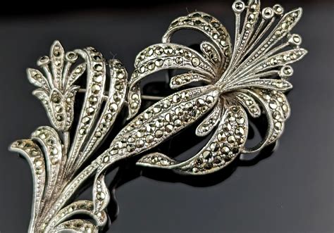 Vintage Sterling Silver And Marcasite Flower Brooch Large For Sale At