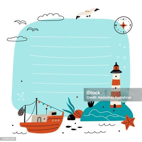 만화 바다 요소 프레임 일러스트레이션 여름철 해변 카드 수생 해안 개체 갈매기와 불가사리 등대와 해양 선박 어선 줄 지어있는 페이지 화려한 벡터 개념 0명에 대한 스톡 벡터