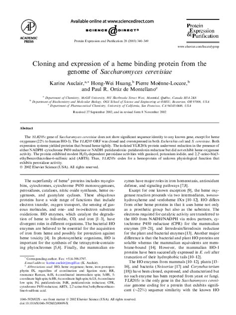 Pdf Cloning And Characterization Of Ylr205c Heme Binding Protein