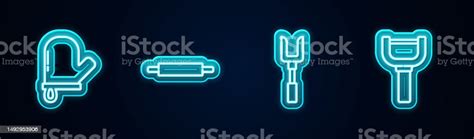 세트 라인 오븐 장갑 롤링 핀 바베큐 포크 및 필러 빛나는 네온 아이콘입니다 벡터 고기에 대한 스톡 벡터 아트 및 기타 이미지 고기 굽기 날카로운 Istock