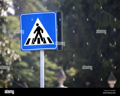 Blue European Road Sign Warning Pedestrian Crossing In The City Stock