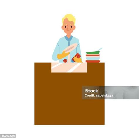 부엌에서 설거지 하는 남자 만화 캐릭터 는 집안일을 하 고 가사 집안일에 대한 스톡 벡터 아트 및 기타 이미지 가사 집안일