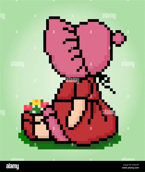 8 Bit Pixel Sitting Girl For Game Assets And Cross Stitch Patterns In Vector Illustrations