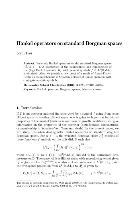 Pdf Hankel Operators On Standard Bergman Spaces