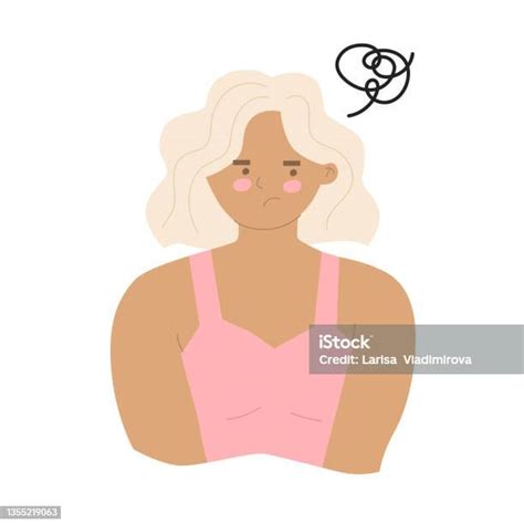 부정적인 감정을 경험하는 슬픈 여자 당황 나쁜 분위기 분노 오해 문제 생각 어려운 선택 벡터 일러스트레이션 플랫 스타일 흰색