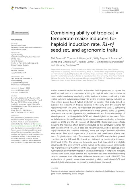 Pdf Combining Ability Of Tropical × Temperate Maize Inducers For Haploid Induction Rate R1 Nj