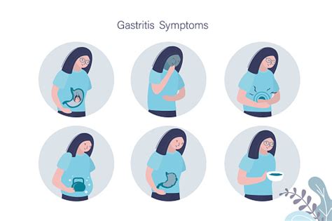 위염 증상 인포그래픽 위 염증의 징후가 있는 아픈 여성 복통 속 쓰림 소화기 질환 다이어그램 복부 팽만감과 식욕 부진 건강 진단 개체 그룹에 대한 스톡 벡터 아트 및 기타