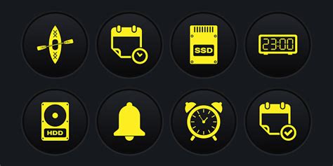 하드 디스크 드라이브 Hdd 디지털 알람 시계 벨소리 알람 Ssd 카드 및 캘린더 및 아이콘을 설정합니다 벡터 검은색에 대한 스톡 벡터 아트 및 기타 이미지 Istock