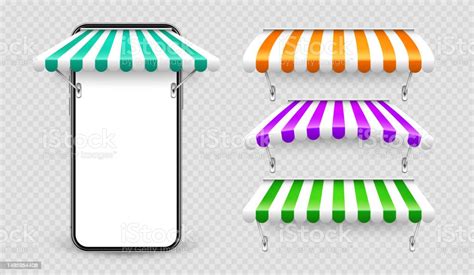 상점 차양과 금속 마운트가 있는 스마트폰 온라인 인터넷 쇼핑 현실적인 줄무늬 카페 차양 야외 시장 텐트 지붕 캐노피 여름 거리 상점 벡터 그림 가리기에 대한 스톡 벡터 아트