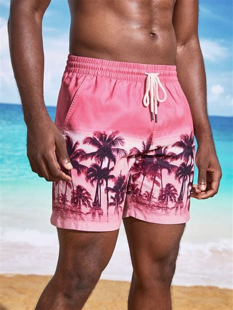 Printed Drawstring Drawstring Waist Neon Swim Espn Body Coconut Tree Men Beach Swimming