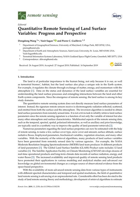 Pdf Quantitative Remote Sensing Of Land Surface Variables Progress And Perspective