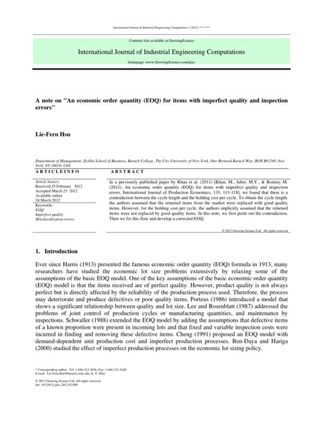 Pdf A Note On An Economic Order Quantity Eoq For Items With Imperfect Quality And