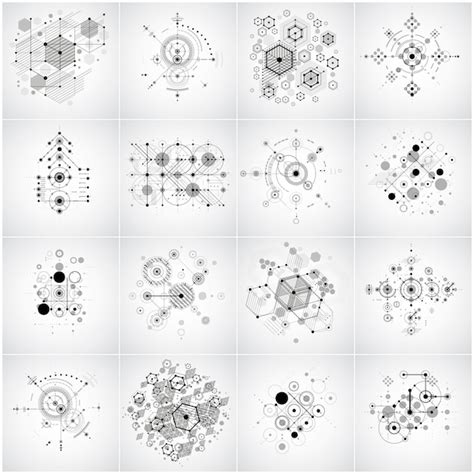 원 및 육각형과 같은 기하학적 도형으로 만든 모듈식 Bauhaus 벡터 배경 세트입니다 광고 포스터 또는 배너 디자인으로 사용하기에 가장 적합합니다 추상적인 기계 구성표