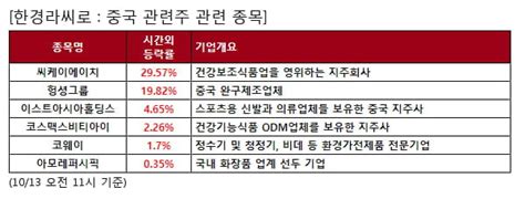중국 관련주 관련 종목 강세 평균 97 상승 한국경제