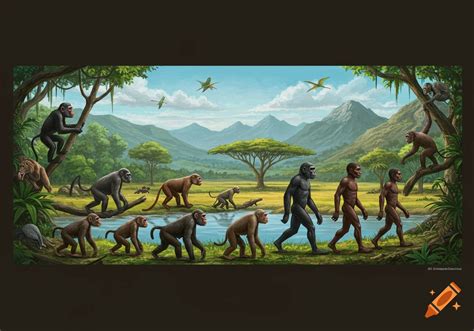 Illustration Of Primate And Human Evolution Showing Figures Walking In