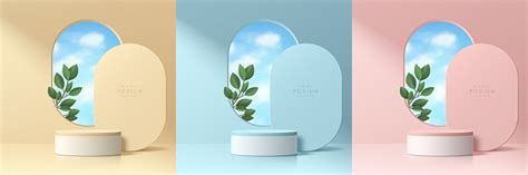 분홍색 노란색 파란색 3d 원통형 연단 배경 와 녹색 잎 와 둥근 구석 창 장면 의 세트 추상 미니멀 모형 제품 전시