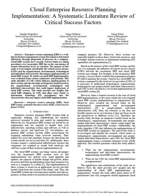 Cloud Enterprise Resource Planning Implementation A Systematic Literature Review Of Critical