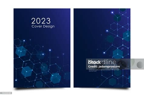 브로셔 표지 배너 전단지 연례 보고서 전단지에 대 한 현대 벡터 템플릿입니다 육각형 연결 선 및 점이있는 추상 미술 구성 파란색 배경에 대한 스톡 벡터 아트 및 기타 이미지