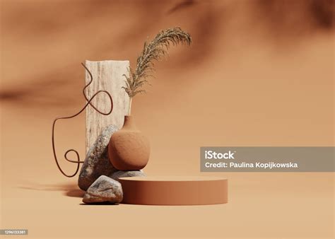 베이지색에 3d 연단 디스플레이 돌 나무와 마른 팜파 잔디 배경 브라운 화장품 미용 제품 프로모션 바위 받침대 와 그림자 내추럴 쇼케이스 추상 최소 스튜디오 3d 렌더링