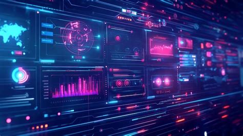 Premium Photo Futuristic Digital Interface With Glowing Neon Data Analytics Charts And World Map