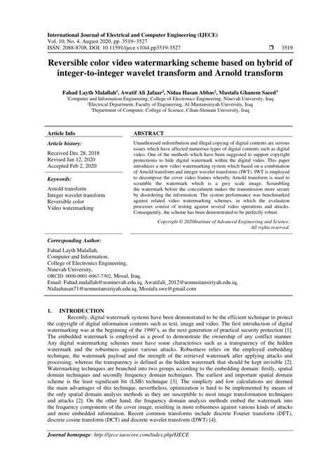 Pdf Reversible Color Video Watermarking Scheme Based On Hybrid Of Integer To Integer Wavelet