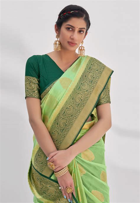 Silk Saree With Blouse In Light Green Colour 16001