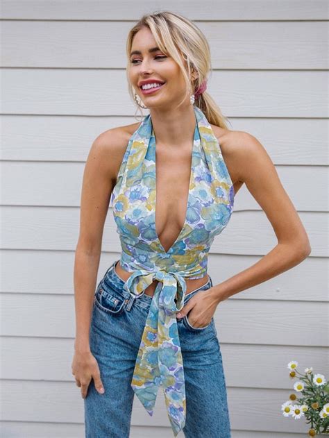 Plunging Neck Tie Backless Floral Halter Top Floral Halter Top