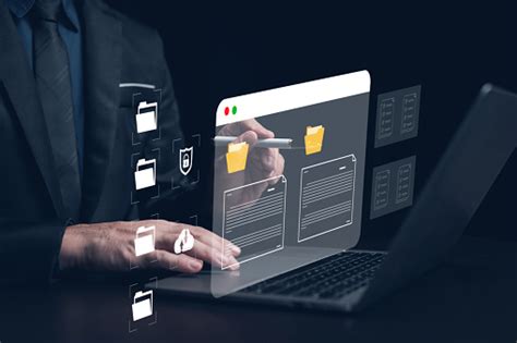 비즈니스 문서 아이콘입니다 랩톱 컴퓨터를 사용하여 문서를 저장하고 정보를 검색하는 사업가 문서 전송 개념입니다 파일 검색 및 관리 Webbing Textile에 대한