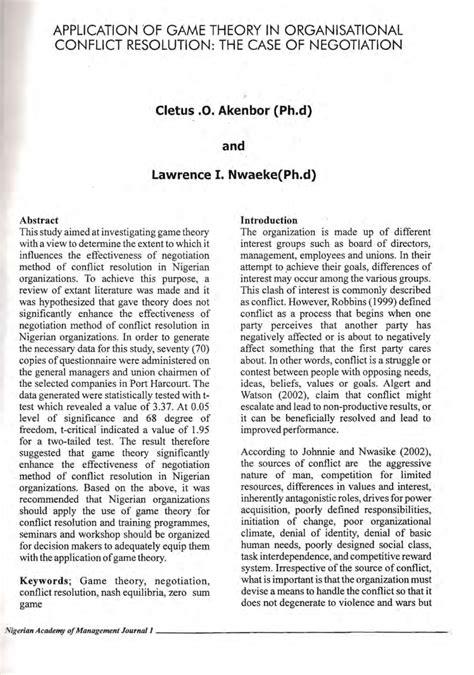 Pdf Application Of Game Theory In Organisational Conflict Resolution The Case Of Negotiation