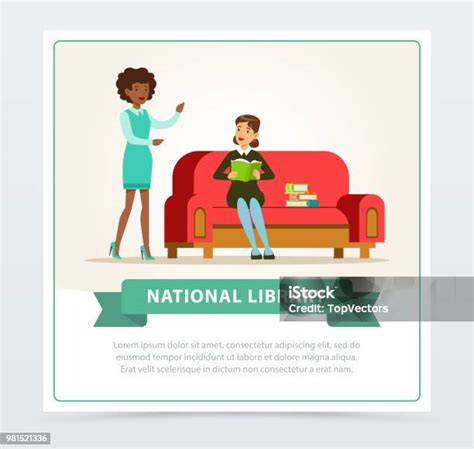 젊은 여 자가 소파에 앉아서 책 도서관 여성 사서 지원 리더 교육 학교 연구와 문학 개념 국립 도서관 평면 벡터 일러스트 레이 션 공부에 대한 스톡 벡터 아트 및 기타