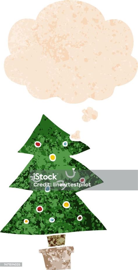 그런 지 고민 복고풍 질감 스타일에 생각 거품이 있는 만화 크리스마스 트리 귀여운에 대한 스톡 벡터 아트 및 기타 이미지 귀여운 그런지 이미지 기법 기포 Istock