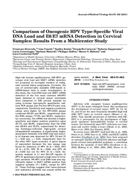 Pdf Comparison Of Oncogenic Hpv Type Specific Viral Dna Load And E6 E7 Mrna Detection In