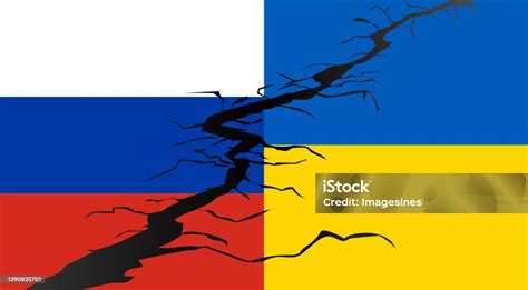 우크라이나어와 러시아어 배경의 플래그 러시아와 우크라이나 플래그 사이의 깊은 균열을 깨뜨렸다 러시아와 우크라이나 전쟁 개념 사이의 충돌 우크라이나에 대한 스톡 벡터 아트 및