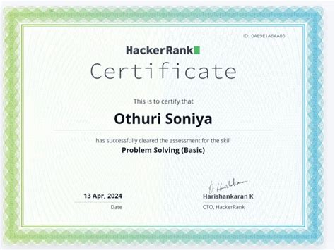 Soniya Othuri On Linkedin Problemsolving Hackerrank Basiccertification