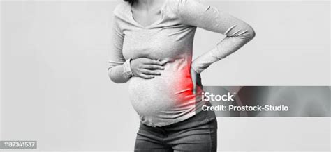 스튜디오에서 허리 통증을 갖는 인식 할 수없는 임신 한 여성 파노라마 허리통증에 대한 스톡 사진 및 기타 이미지 허리통증 임신 여자 Istock