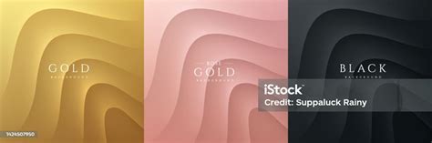 Set Of Abstract 3d Waves Ripples Pattern On Golden Pink Gold Black Background Curve Topography