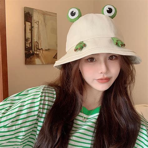 Cute Frog Design Sun Protection Wide Brim Cartoon Frog Women Bucket Hat Outdoor Fashion