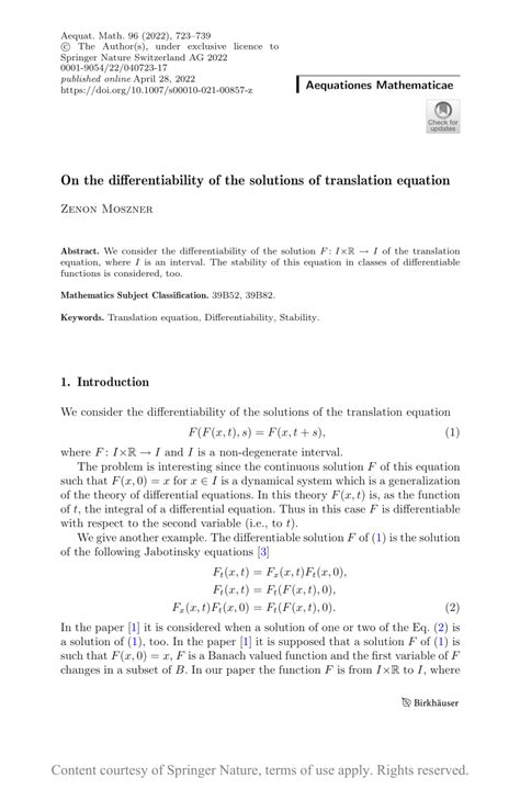 On The Differentiability Of The Solutions Of Translation Equation