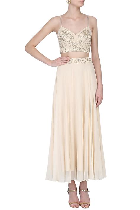 Light Beige Floral Embroidered Jacket Bralet And Skirt Set Available