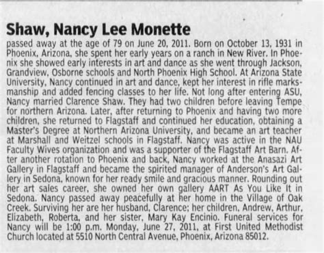 Obituary Nancy Lee Monette Shaw